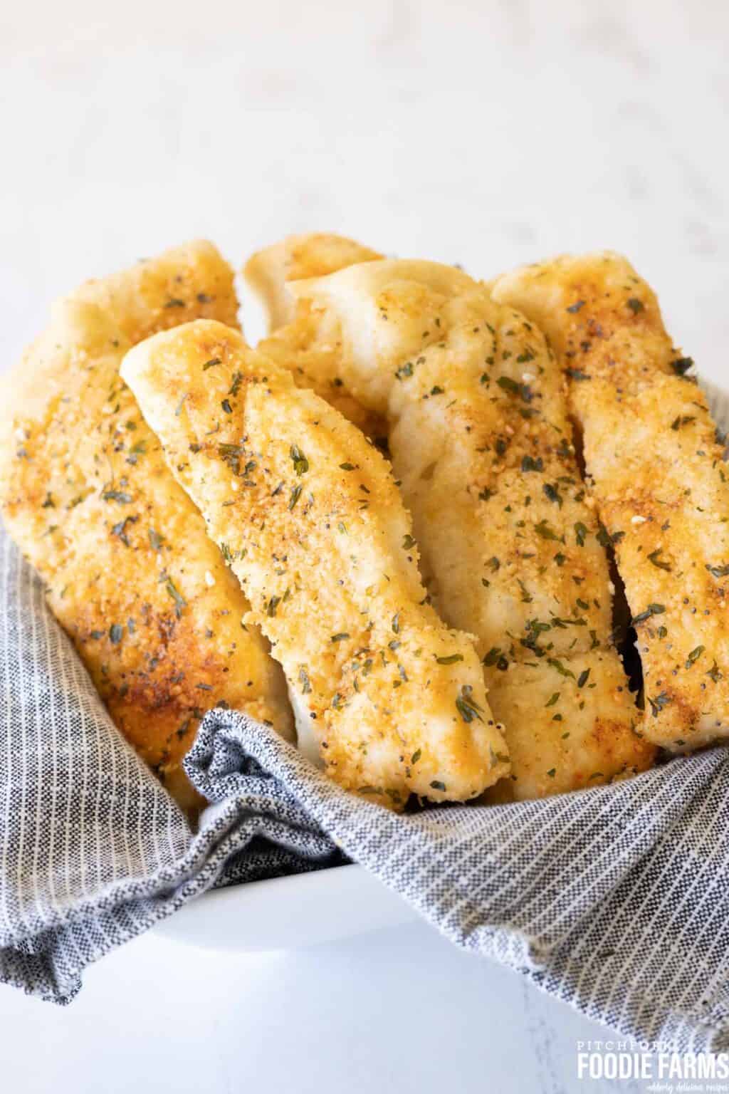 Soft Garlic Butter Parmesan Breadsticks - Pitchfork Foodie Farms